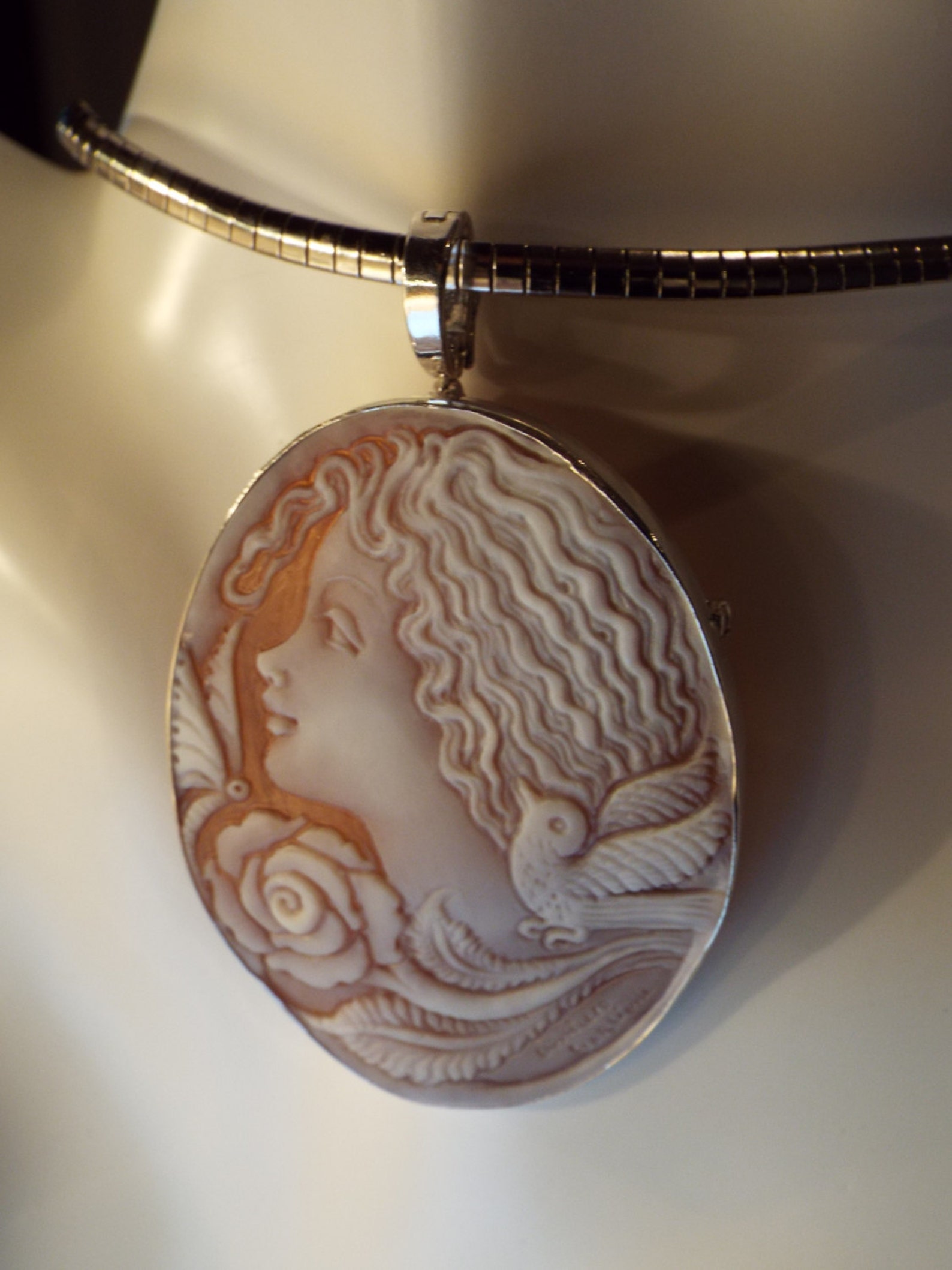 Master Hand Carved Sardonyx Shell Cameo Set in Italian Silver-signed by ...