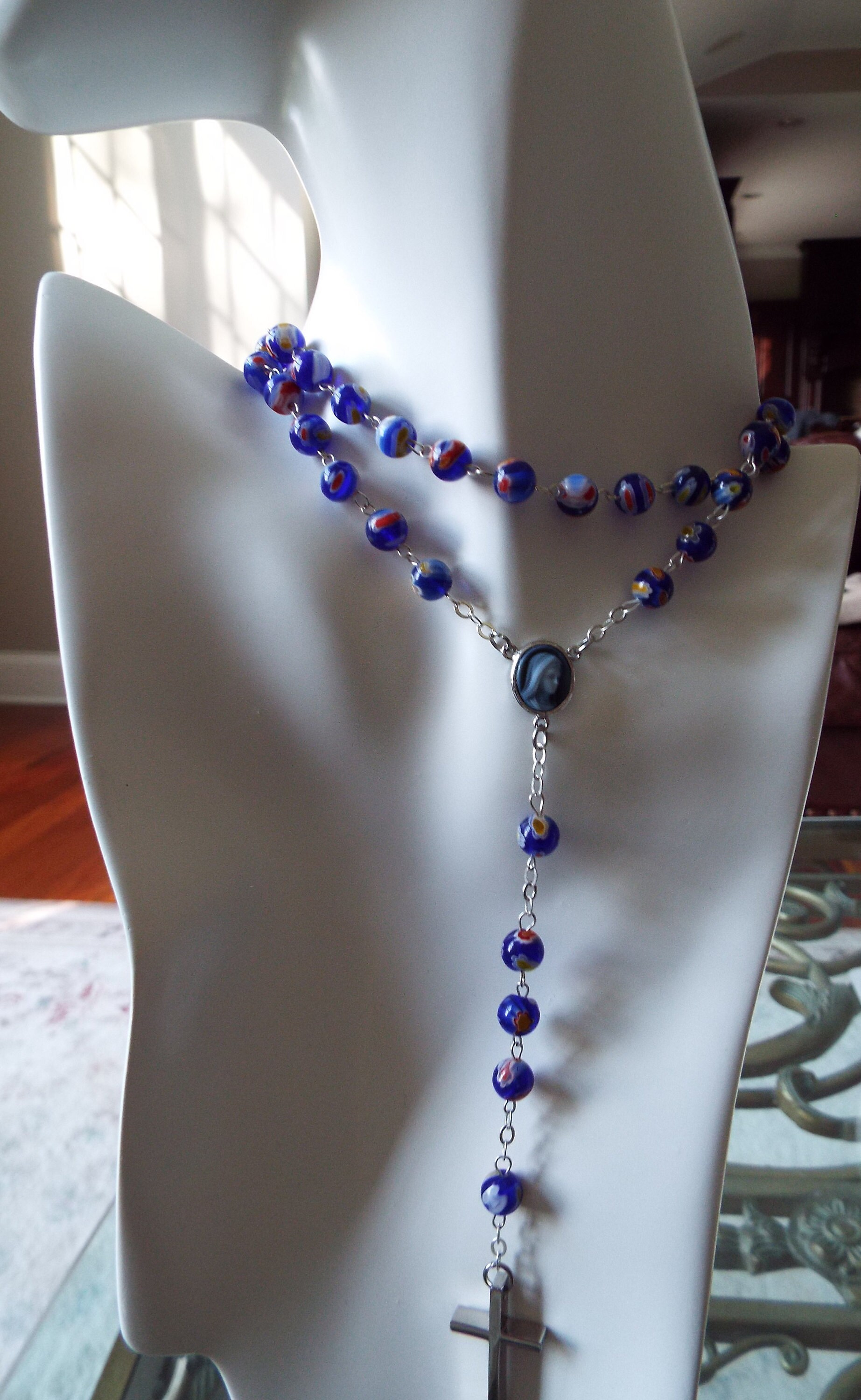 The Virgin Mary Religious Agate Stone Cameo on a Authentic Blue Murano ...