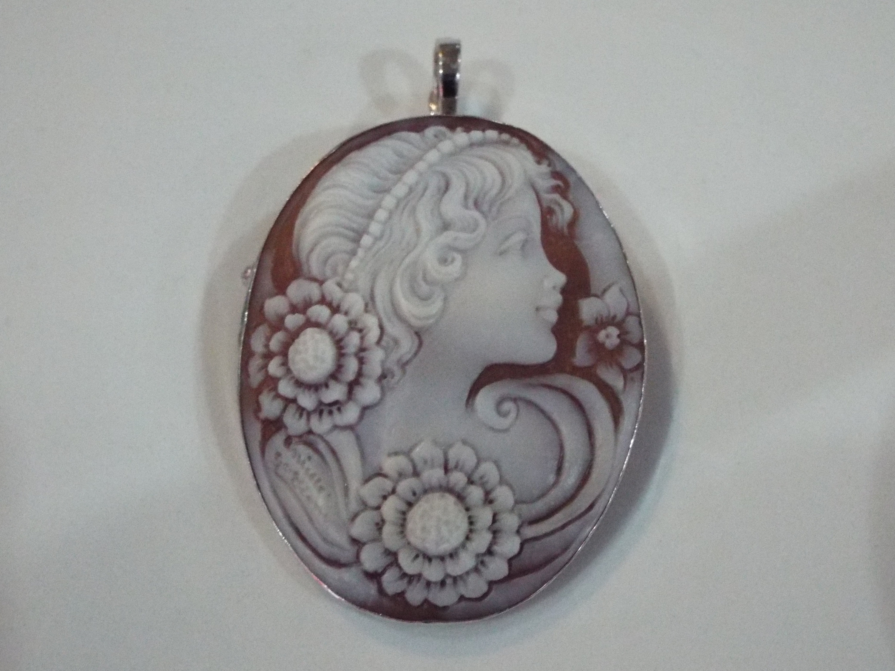 Master Hand Carved Sardonyx Shell Cameo Set in Italian Silver-signed by ...