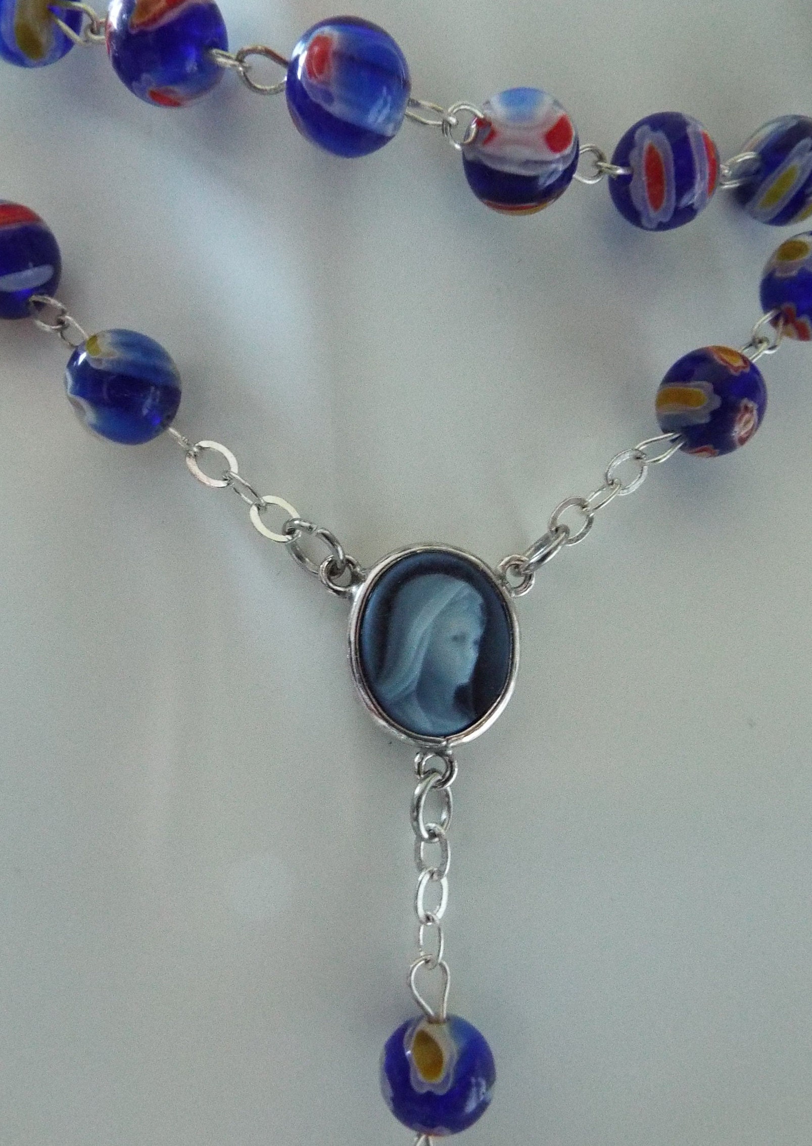 The Virgin Mary Religious Agate Stone Cameo on a Authentic Blue Murano ...