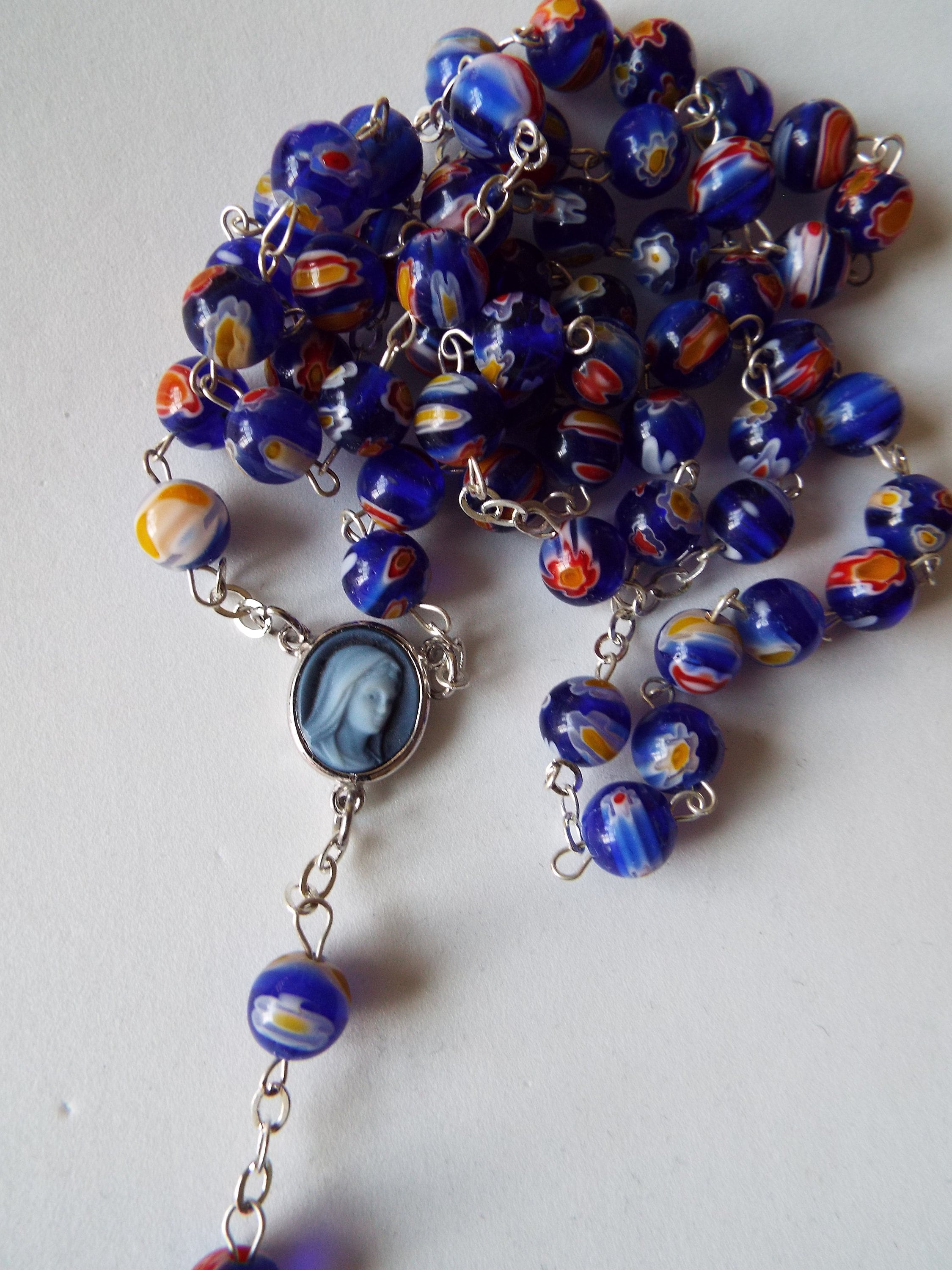 The Virgin Mary Religious Agate Stone Cameo on a Authentic Blue Murano ...