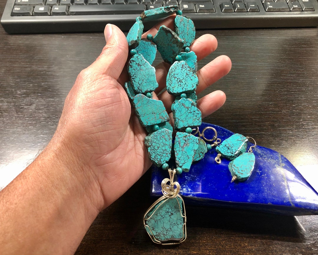 25 Inch Spiderweb Turquoise Slab Necklace and Earring Set - Cloud ...