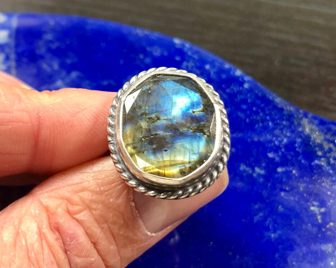 Size 10 1/2 Faceted Blue and Gold Natural Spectrolite Gemstone Ring ...