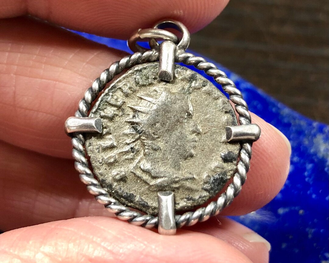 255 AD Roman Silver Coin of Valerian II Showing Set of Roman Pagan ...