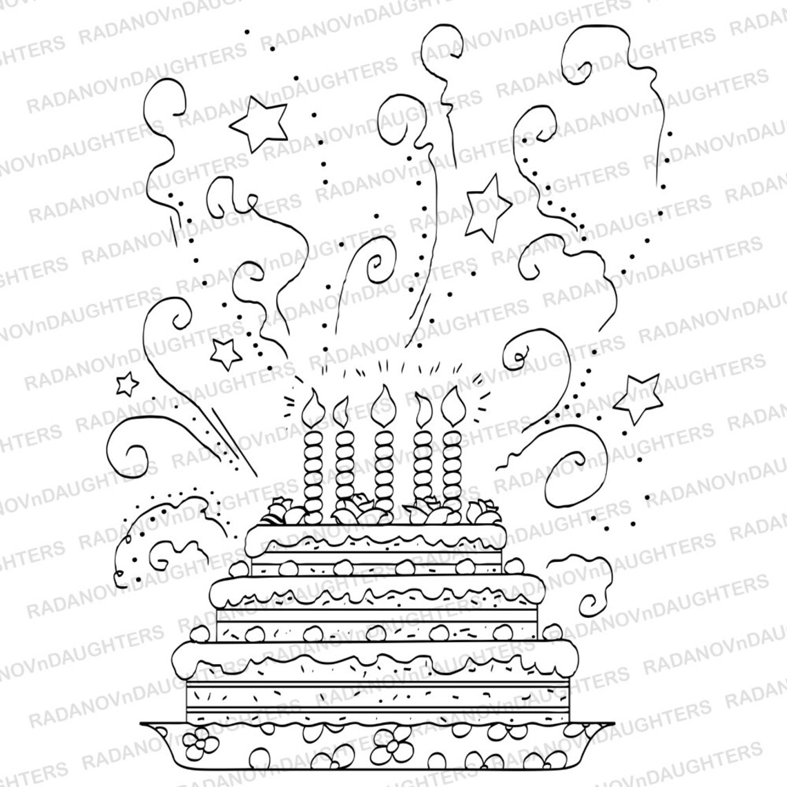 Digital Stamp With Birthday Cake, Candles, Roses, Printable ...