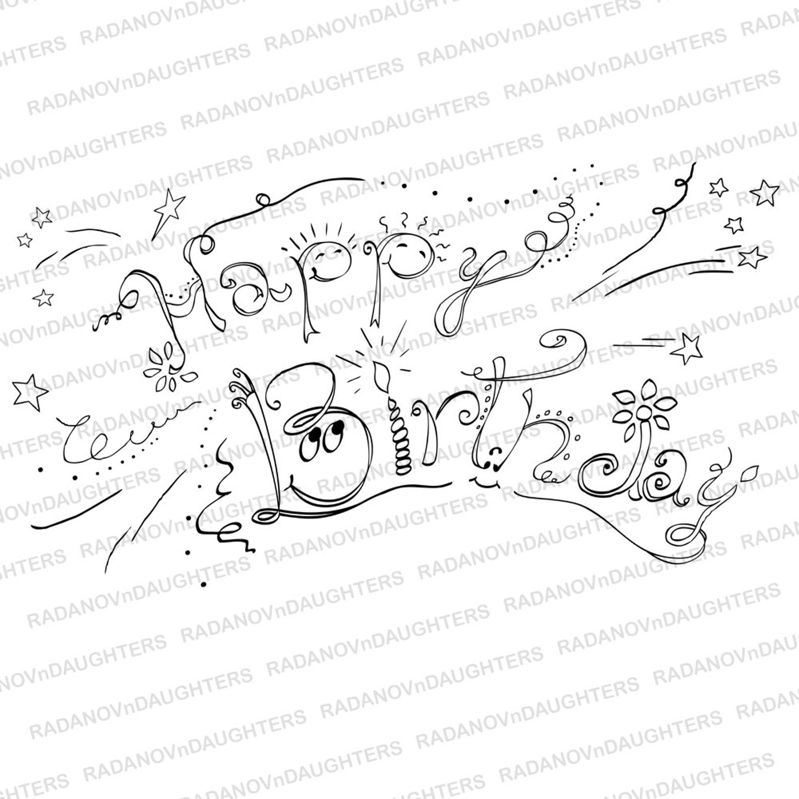 Birthday Clip Art, Digital Stamps Set, Cute, Funny Images, 600 DPI Line ...