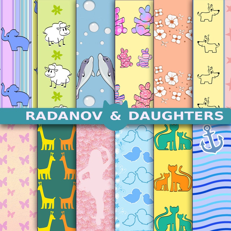 12 Cute Kids Digital Papers, Animals, Flowers, Ballerina Amid Roses ...