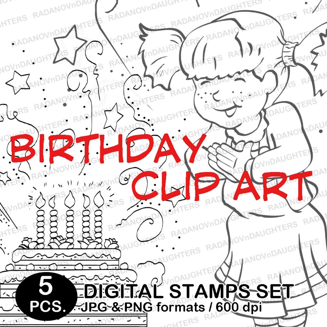 Birthday Clip Art, Digital Stamps Set, Cute, Funny Images, 600 DPI Line ...