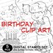 Birthday Clip Art, Digital Stamps Set, Cute, Funny Images, 600 DPI Line ...