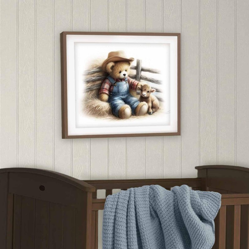 Western Farm Nursery Print – Cowboy Teddy With Calf – Vintage Rustic ...