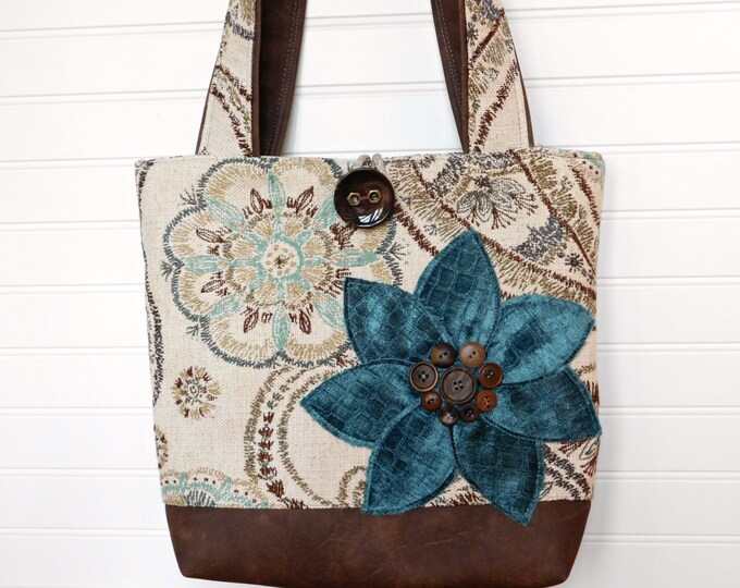 Turquoise Tote Bag, Vegan Tote Bag, Fabric Handbag, Large Tote Bag ...