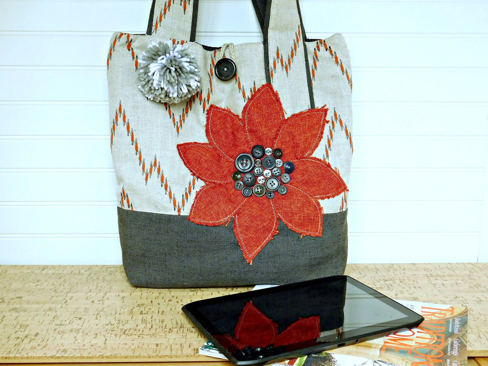 Fabric Tote Bag for Work Bag for Women Fabric Purse Pompom Tote Bag ...