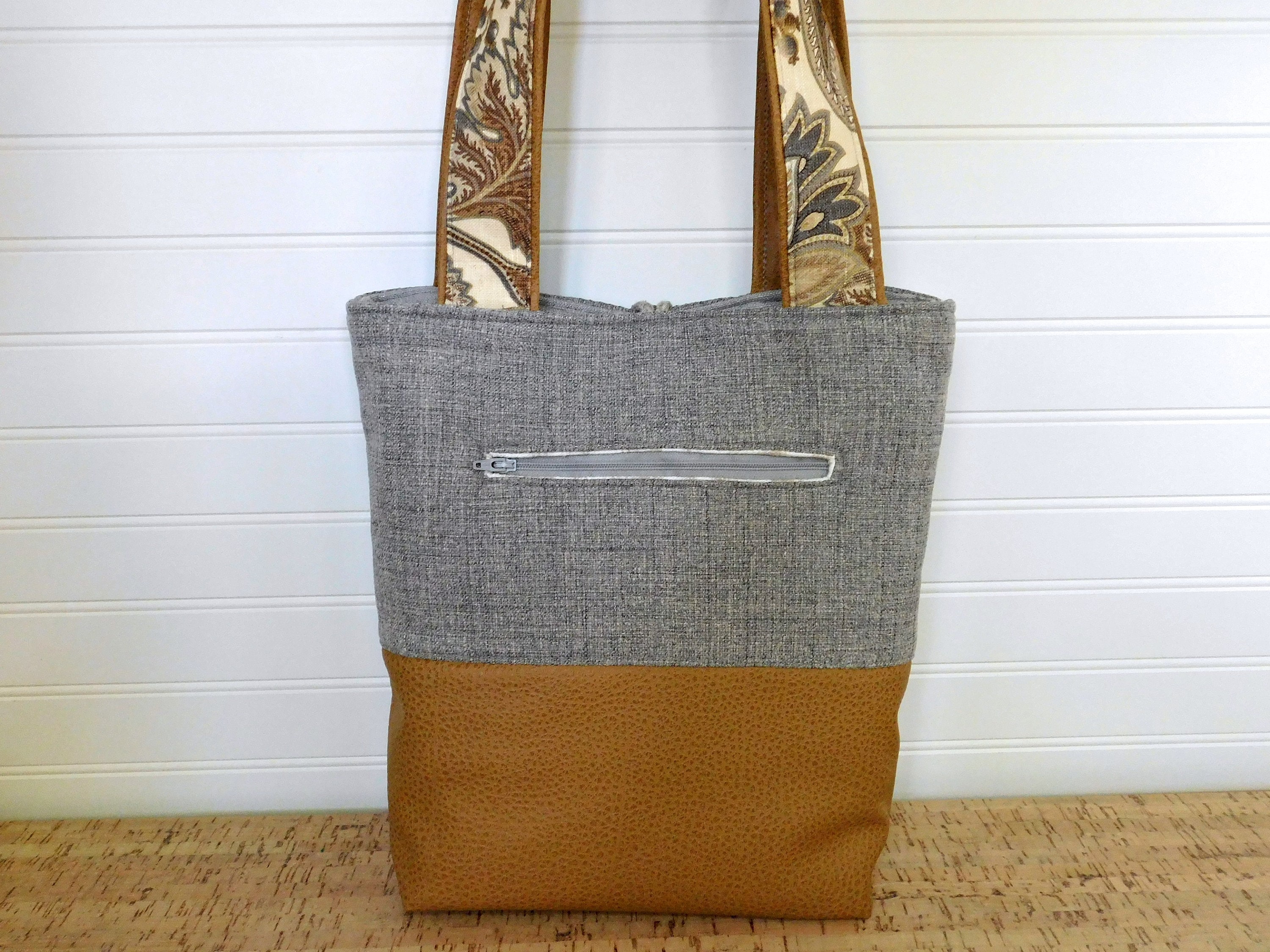 Grey Handmade Tote Bag, Buttery Tan Leather Vegan Bag, Grey Purse for ...