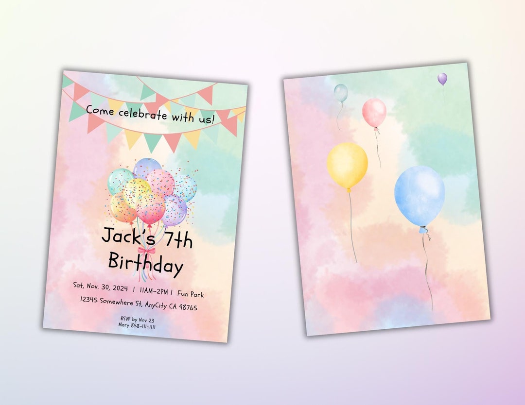 Balloon Birthday, Pastel Birthday Invitation, Watercolor Birthday ...