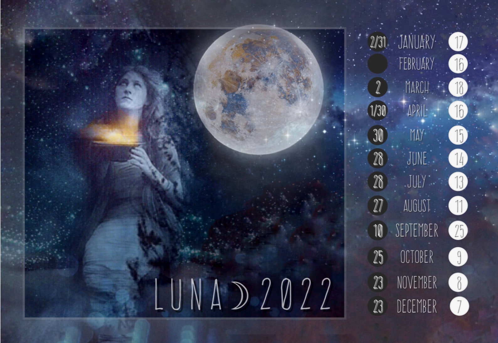 Luna 2022 Moon Calendar Art Cards New and Full Moon Phases - Etsy