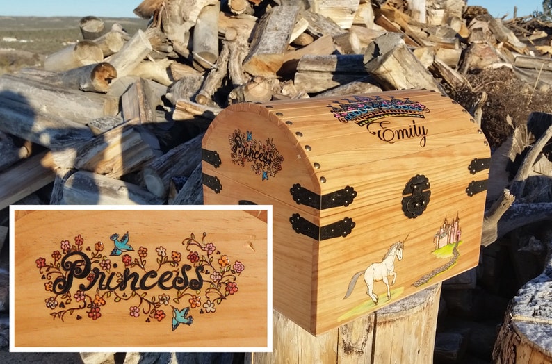 Custom Pyrography Keepsake / Memory Box Wood Burned Unicorn and Castle ...