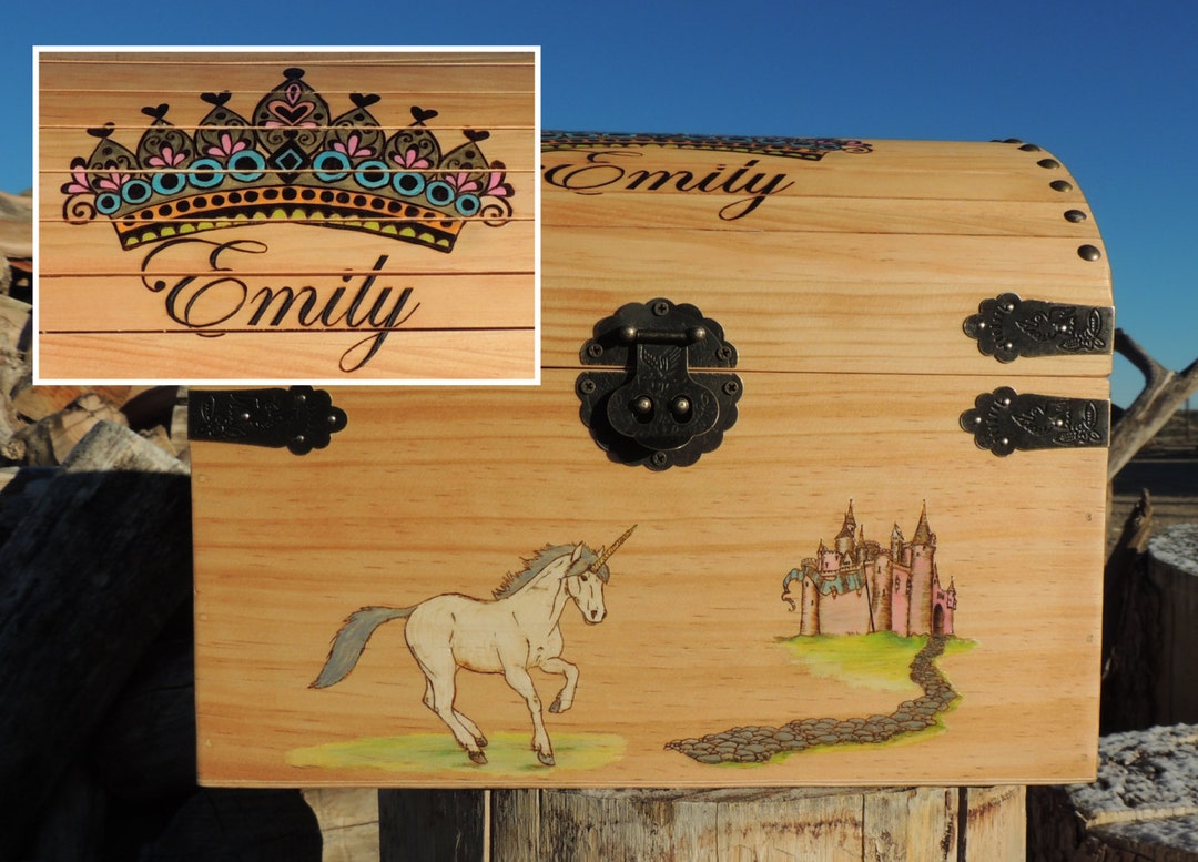 Custom Pyrography Keepsake / Memory Box Wood Burned Unicorn and Castle ...