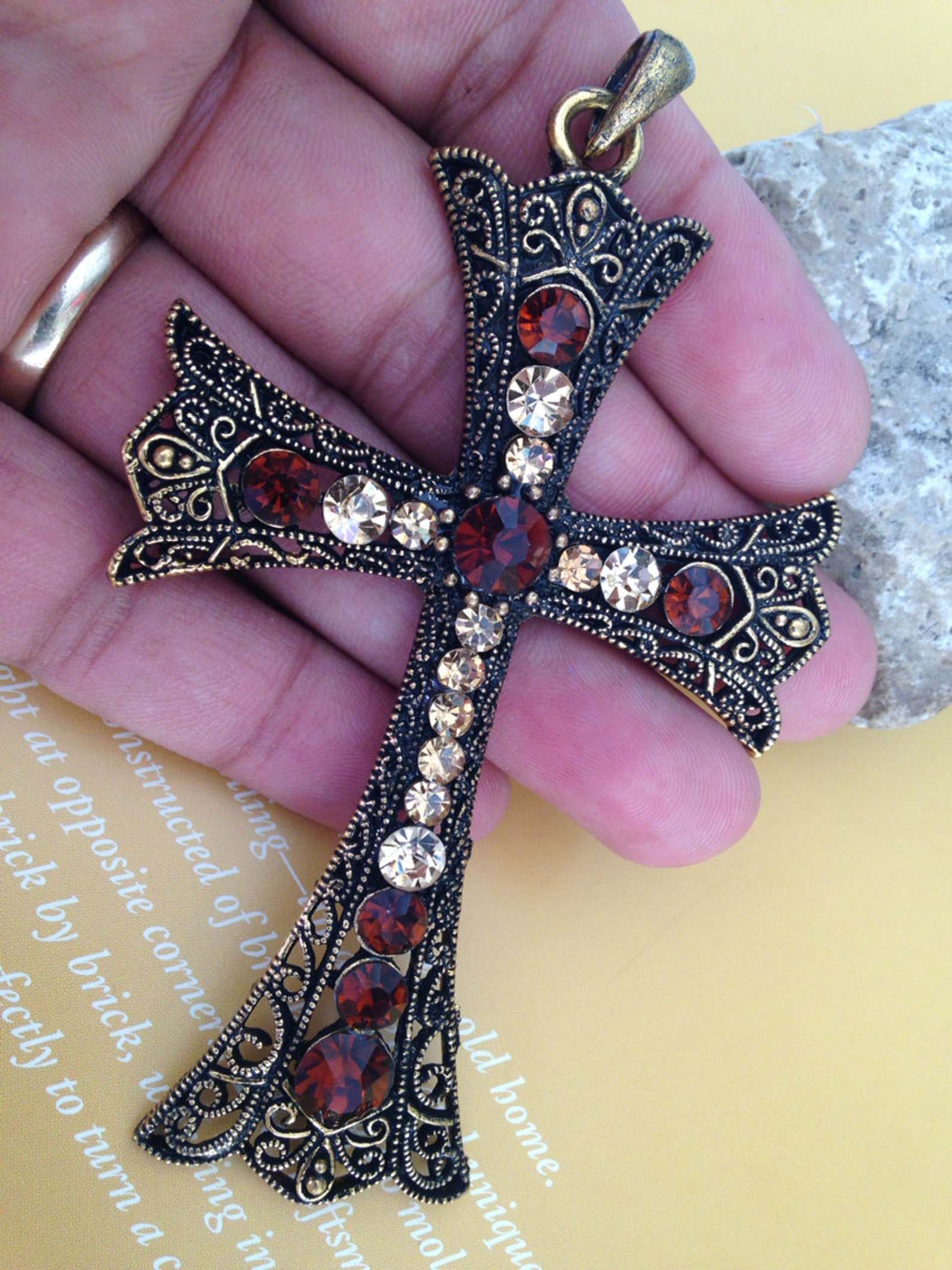 Rhinestone Embellished Cross / Antique Gold Tone / Cross - Etsy