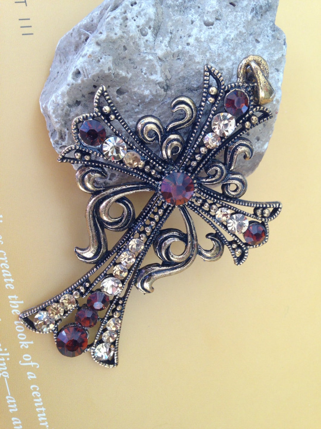 Baroque Style Cross Pendant / Rhinestone Cross / Vintage Tone Crucifix ...