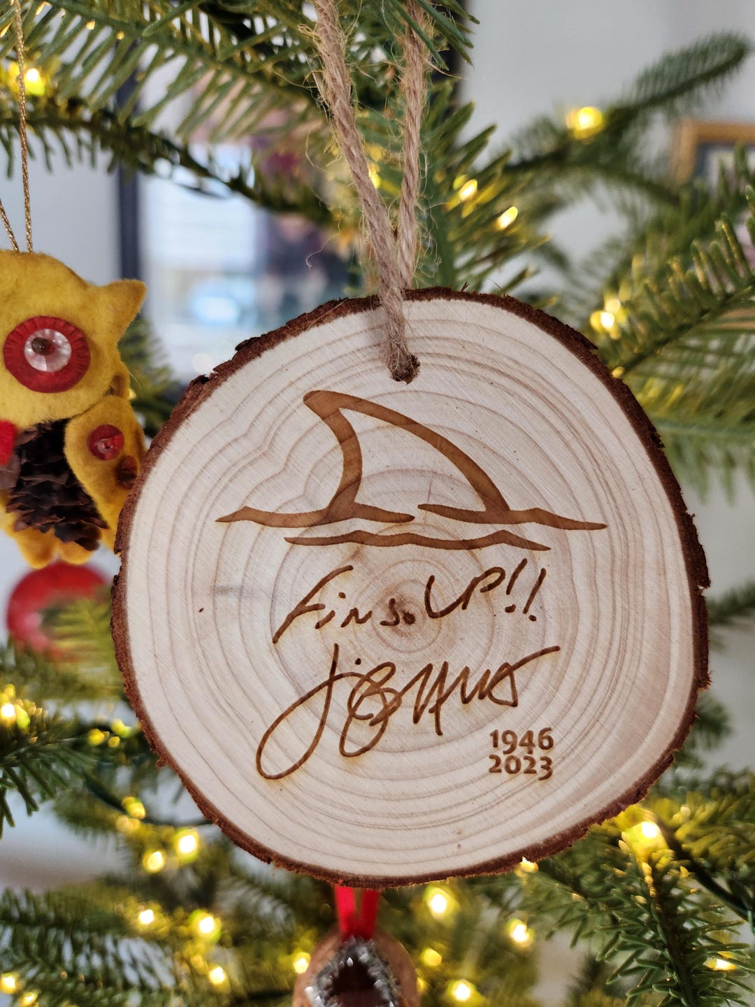 Christmas Ornament- "fins Up" Natural Wood Slice W/ Jimmy's Signature ...
