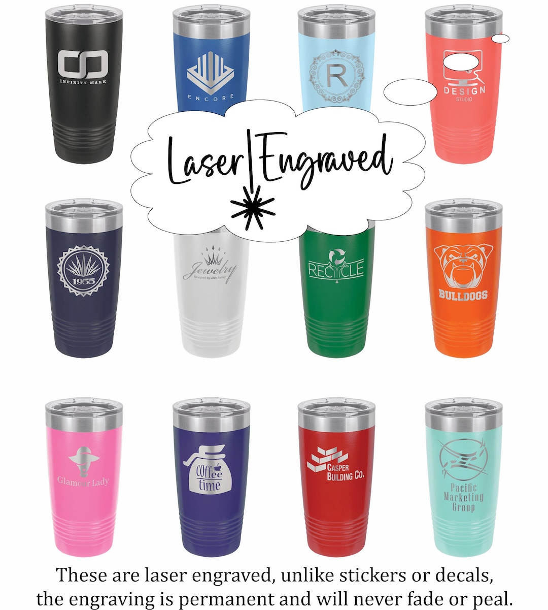 20oz Tumbler Personalized, Customize Name or Logo, Laser Engraved Cup ...