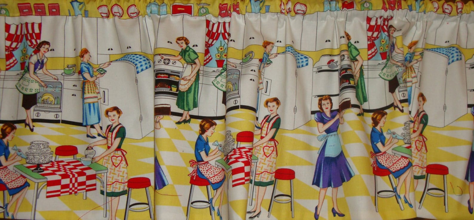 Retro Home Economics Kitchen Lined Valance Window Treatment Topper ...
