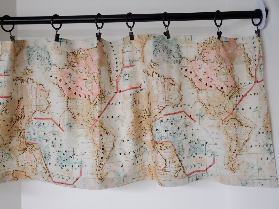 Abstract World Map Valance, Muted Coral & Teal Cotton, 42" W - Etsy