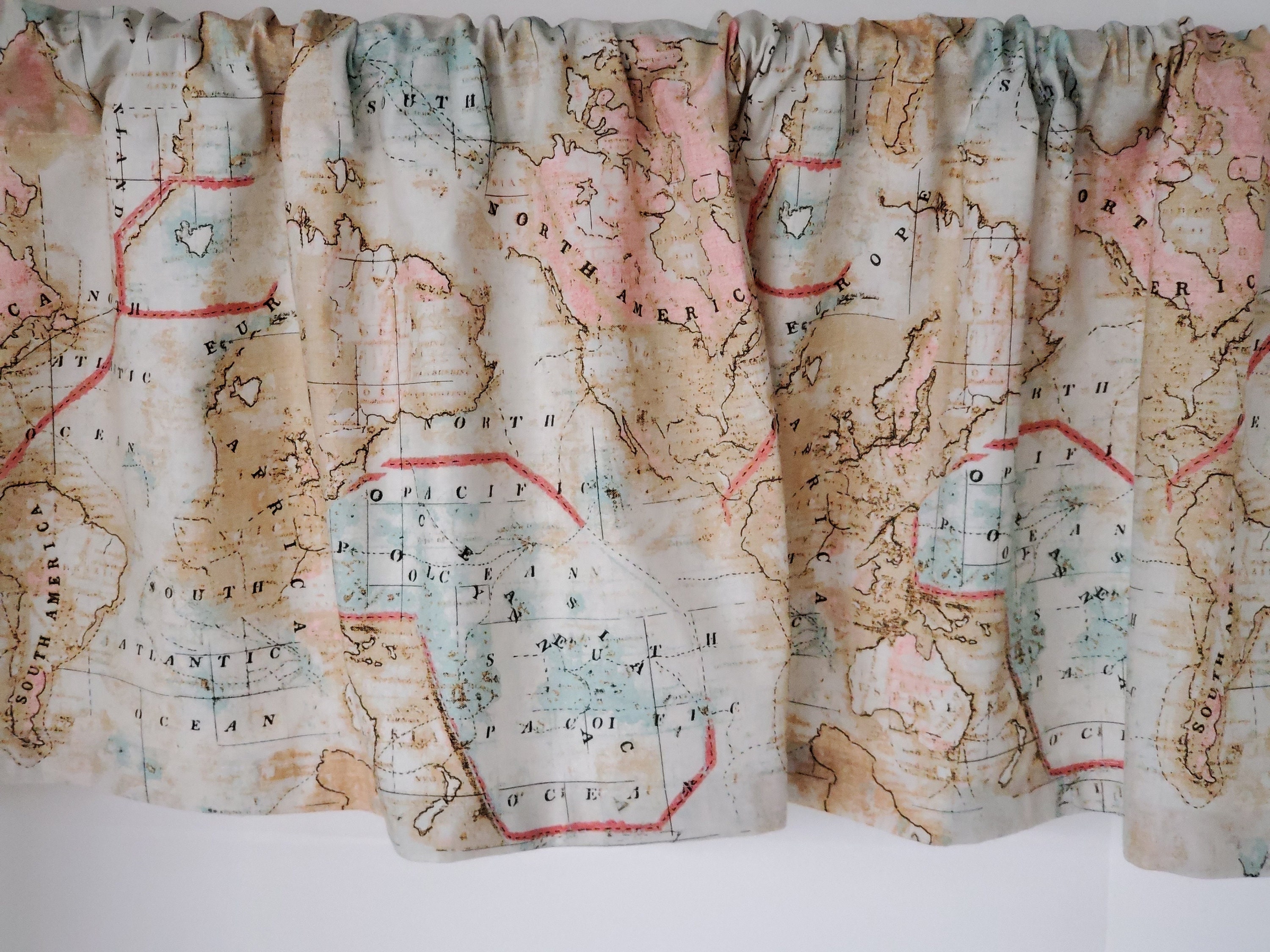 Valance Maps in Muted Tones Coral Teal Window Treatment Cotton | Etsy