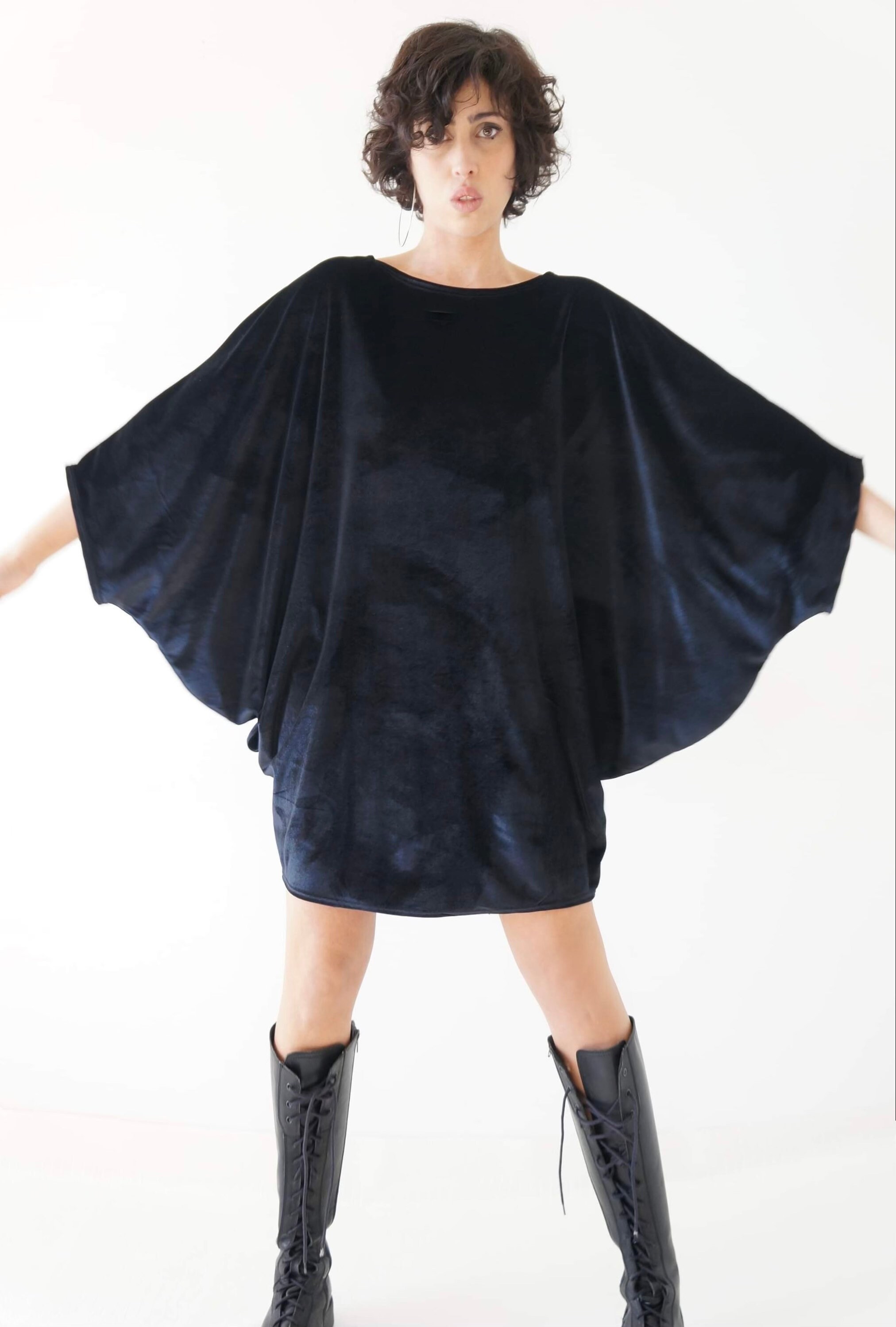 Women's Maxi Batwing Shape Top Dress / Velvet Bat Big Top Mini Dress ...