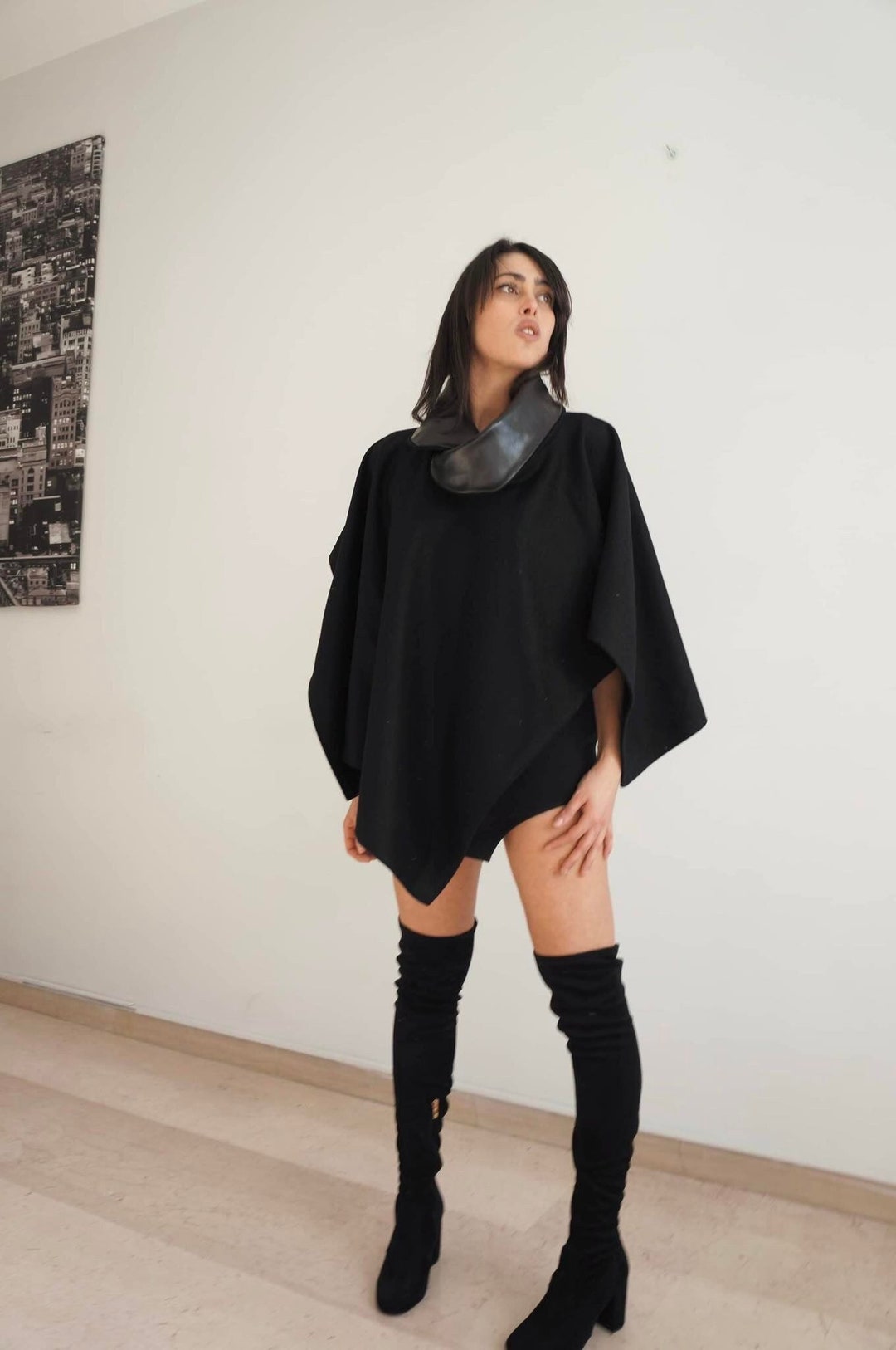 High Collar Wool Mini Cape and Eco Leather / Women's Mini Winter Cape ...