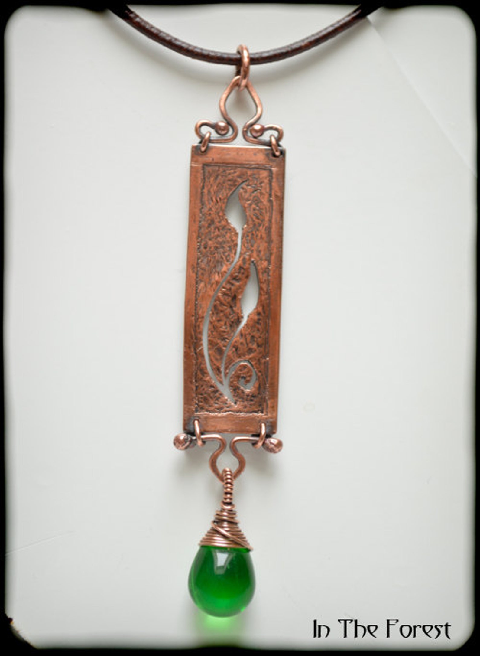 Copper Pendant With Fretwork Leaves Green Czech Crystal Tear - Etsy