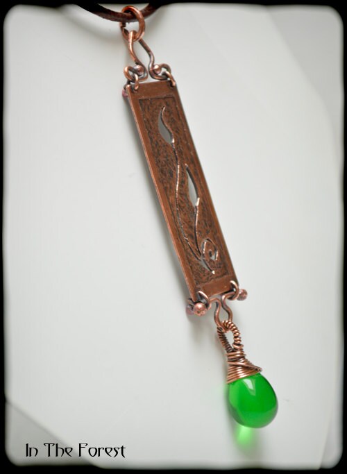 Copper Pendant With Fretwork Leaves Green Czech Crystal Tear - Etsy