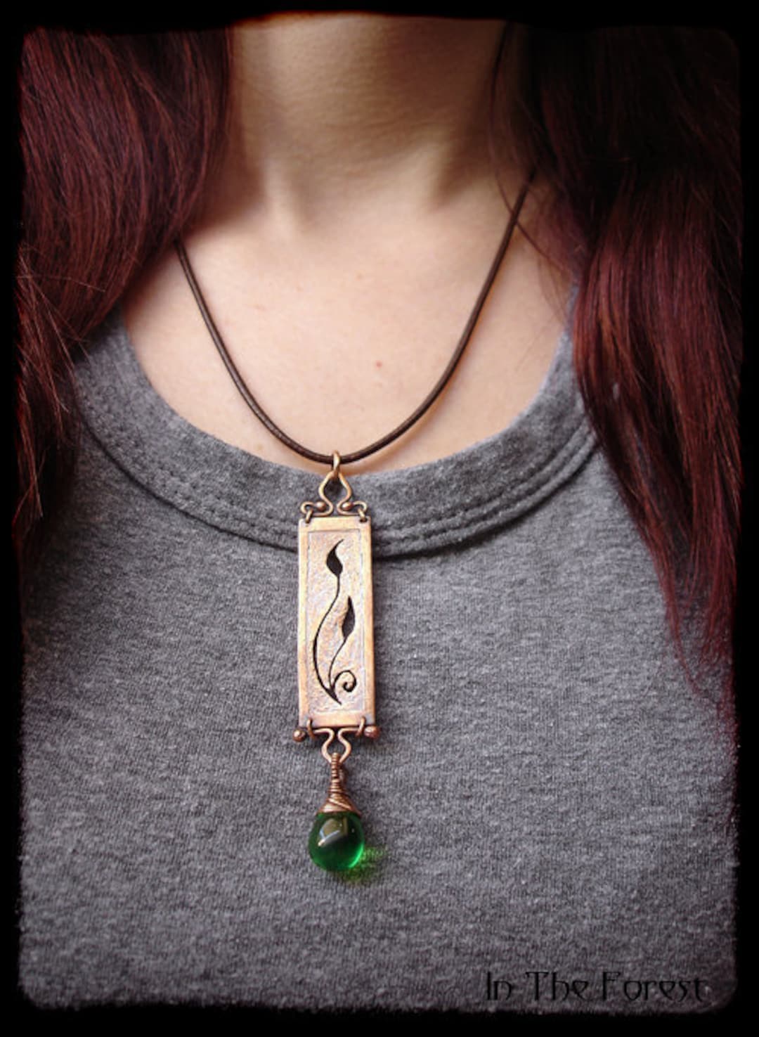 Copper Pendant With Fretwork Leaves, Green Czech Crystal Tear, Handmade ...