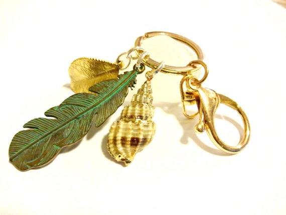 Sea Shell Keychain Gold Leaf Charm Keychain Beach Keychain | Etsy