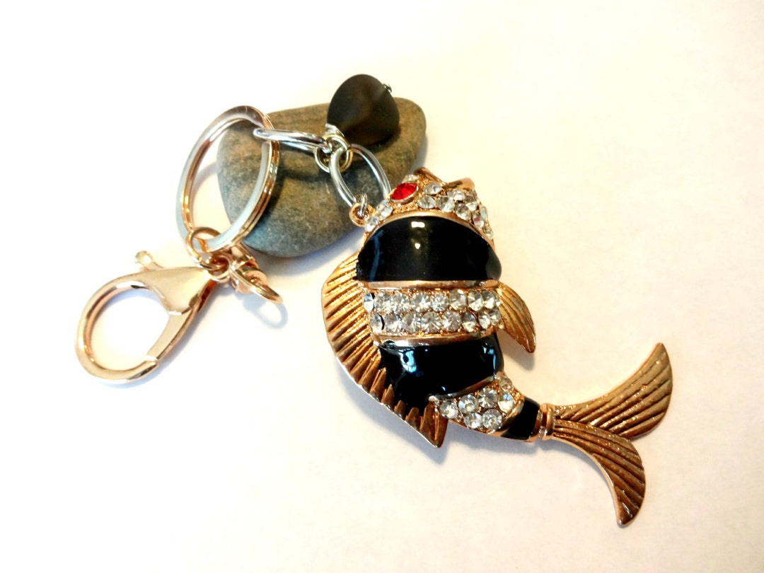 Rhinestone Bass Fish Keychain, Black Sea Glass, Swarovski Bead - Etsy