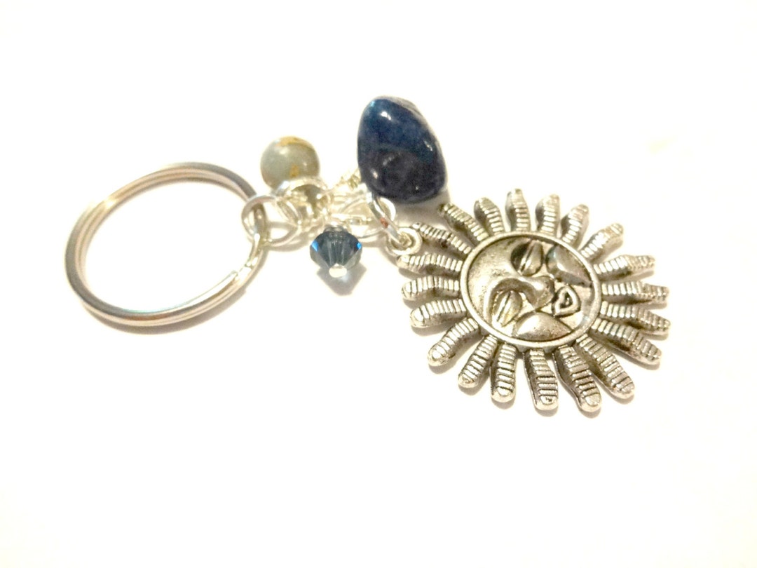 Sun Charm Keychain, Cool Aqua Jasper and Indigo Blue Celestial Keychain ...