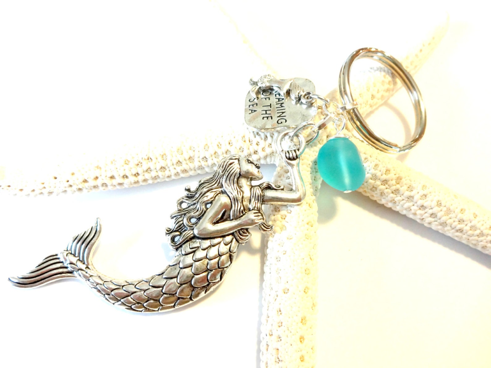 Mermaid Keychain, Aqua Sea Glass Key Chain, Dreaming of the Sea Charm ...