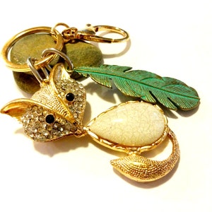 White Fox Keychain, Fox Key Fob, Rhinestone Key Chain, Fox Pendant ...