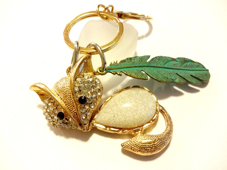 White Fox Keychain Fox Key Fob Rhinestone Key Chain Fox | Etsy