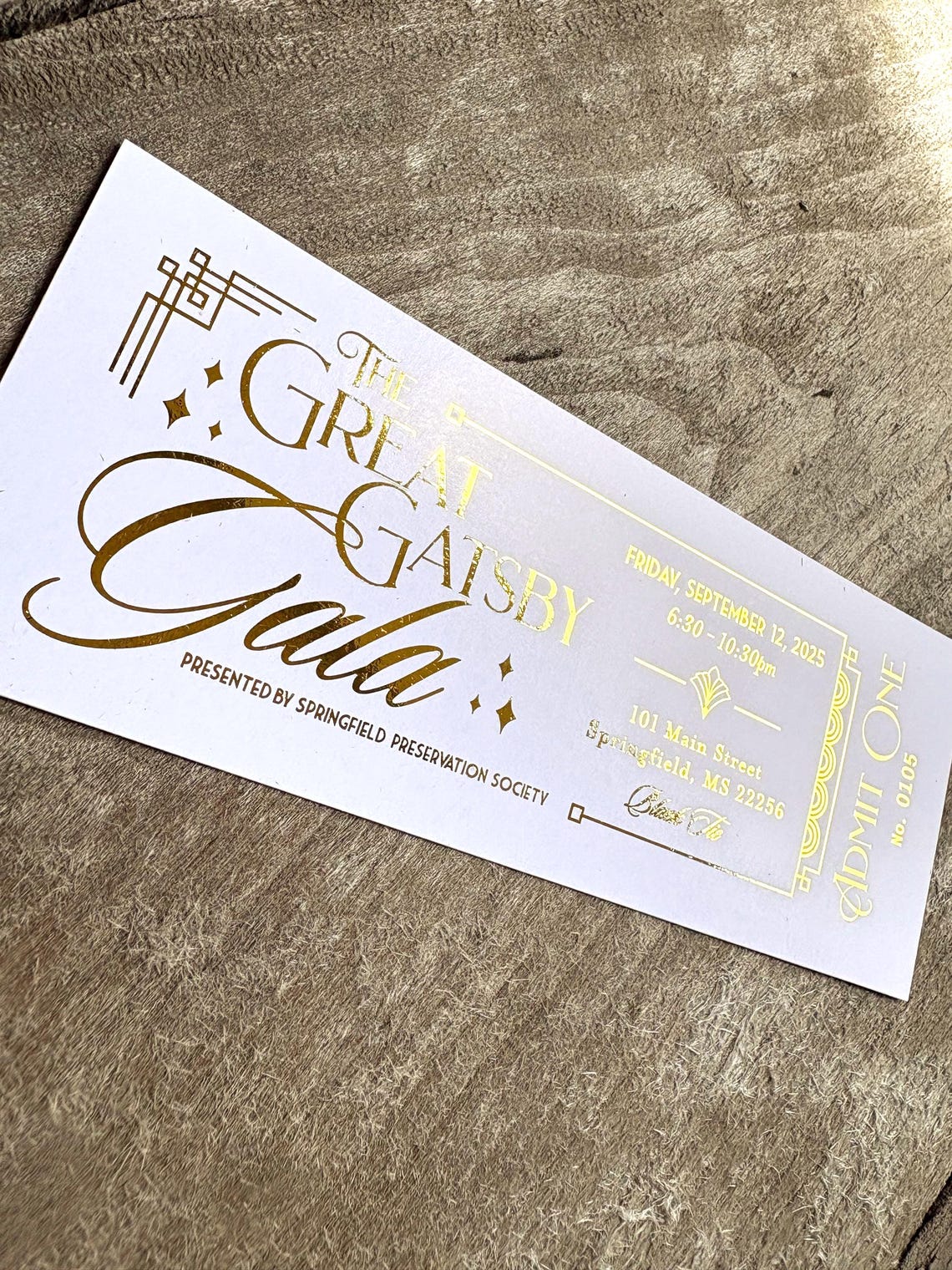 Gold Foil Great Gatsby Gala Tickets, Art Deco Event Entry Ticket, Bash ...