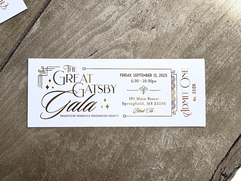 Gold Foil Great Gatsby Gala Tickets, Art Deco Event Entry Ticket, Bash ...