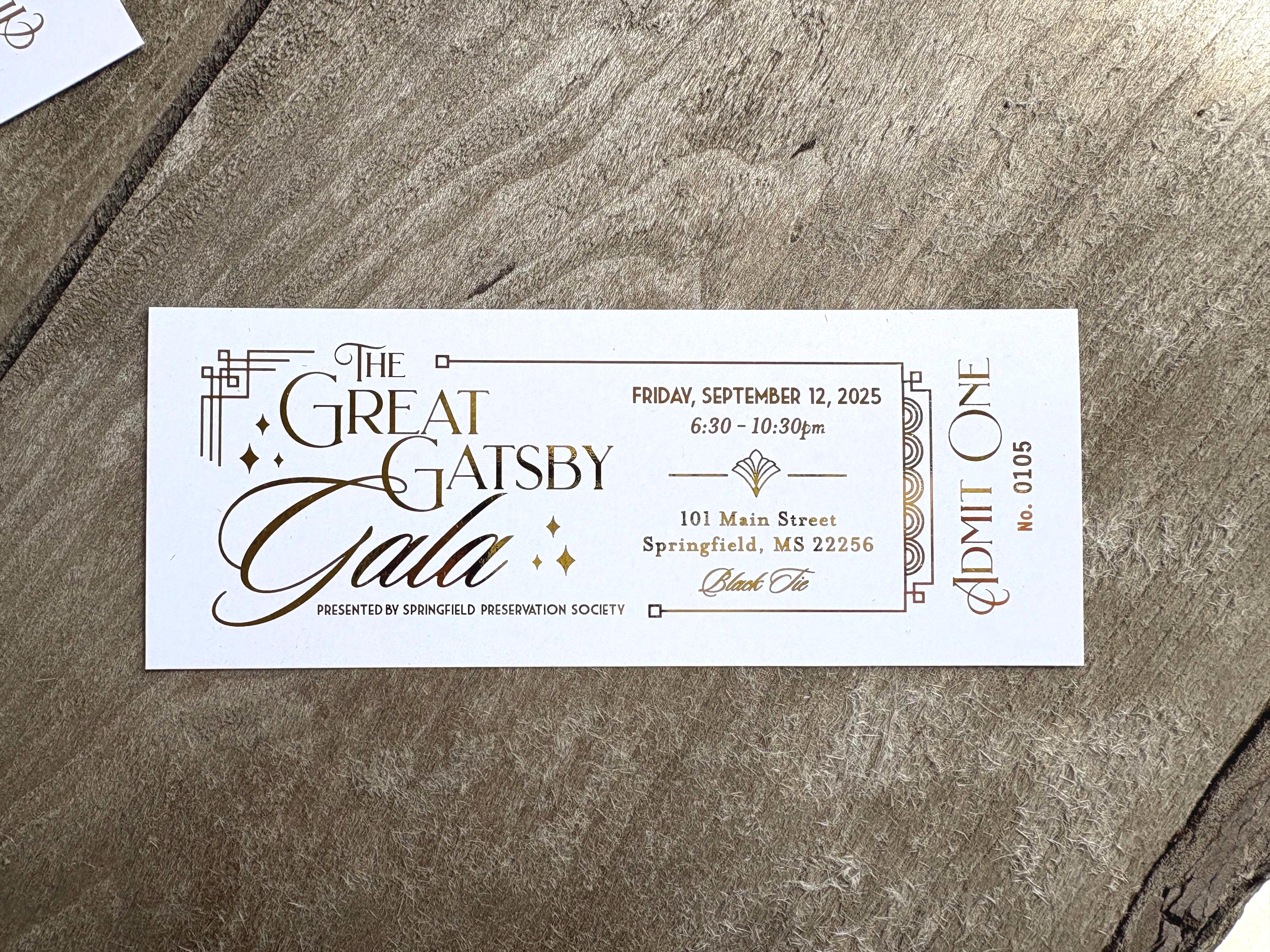 Gold Foil Great Gatsby Gala Tickets, Art Deco Event Entry Ticket, Bash ...