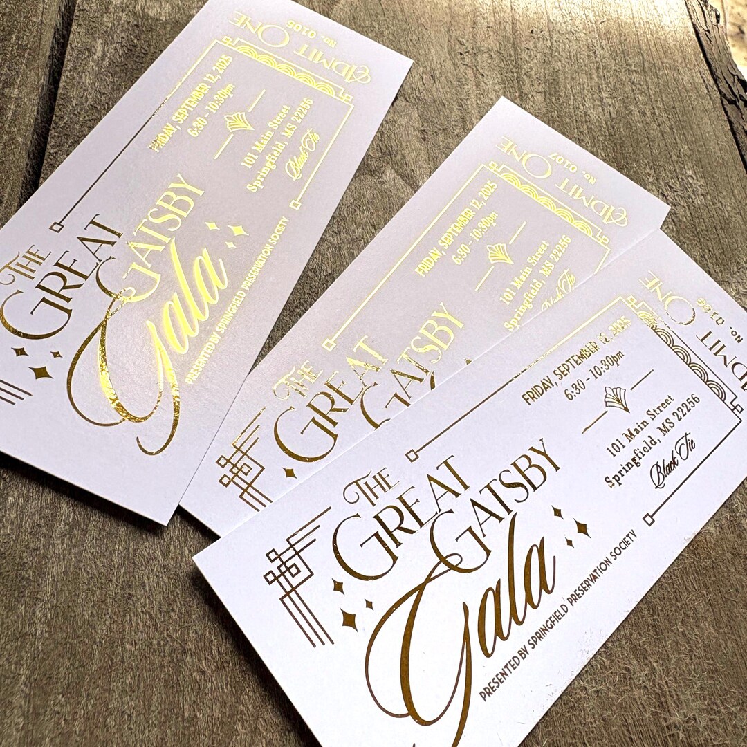 Gold Foil Great Gatsby Gala Tickets, Art Deco Event Entry Ticket, Bash ...