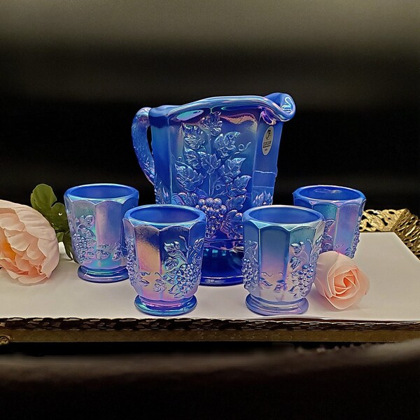 Fenton Glass Pitcher and Glasses - Etsy