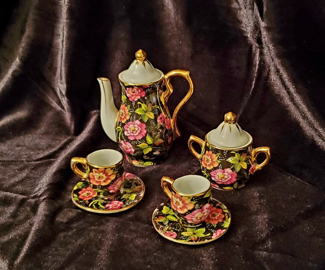 Porcelain Miniature Tea Set 8 Pc Beautiful Black Backround Hand Painted ...