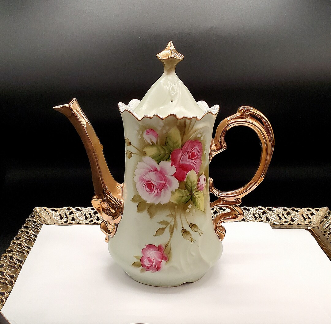 LEFTON Heritage Teapot Number #3065 Hand Painted Green Gold Rose ...