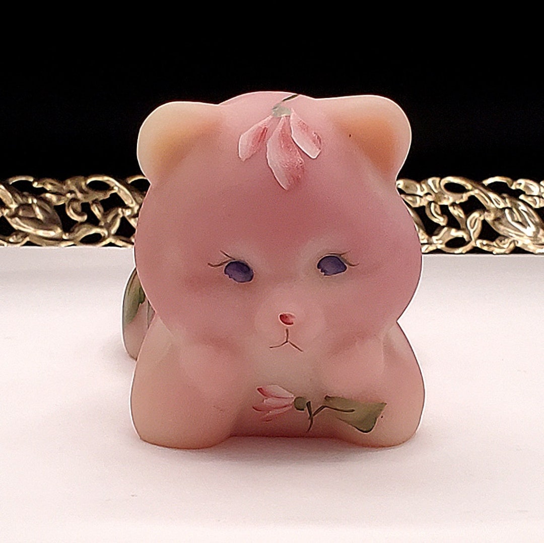 Fenton Glass Pink Burmese Daydreaming Bear With Hand Painted Flowers ...