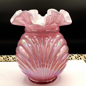 FENTON Glass Vase Pink Opalescent Draped Ruffled Top Bow in Front ...