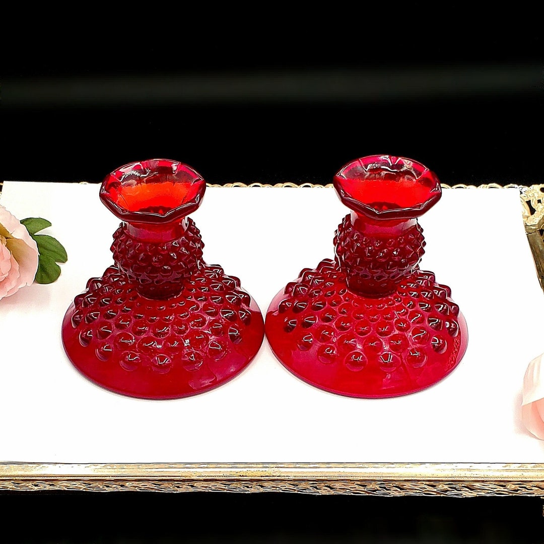 FENTON Candlestick Holders Ruby Red Hobnail Vintage Candlestick Holders 5 Across in Mint ...