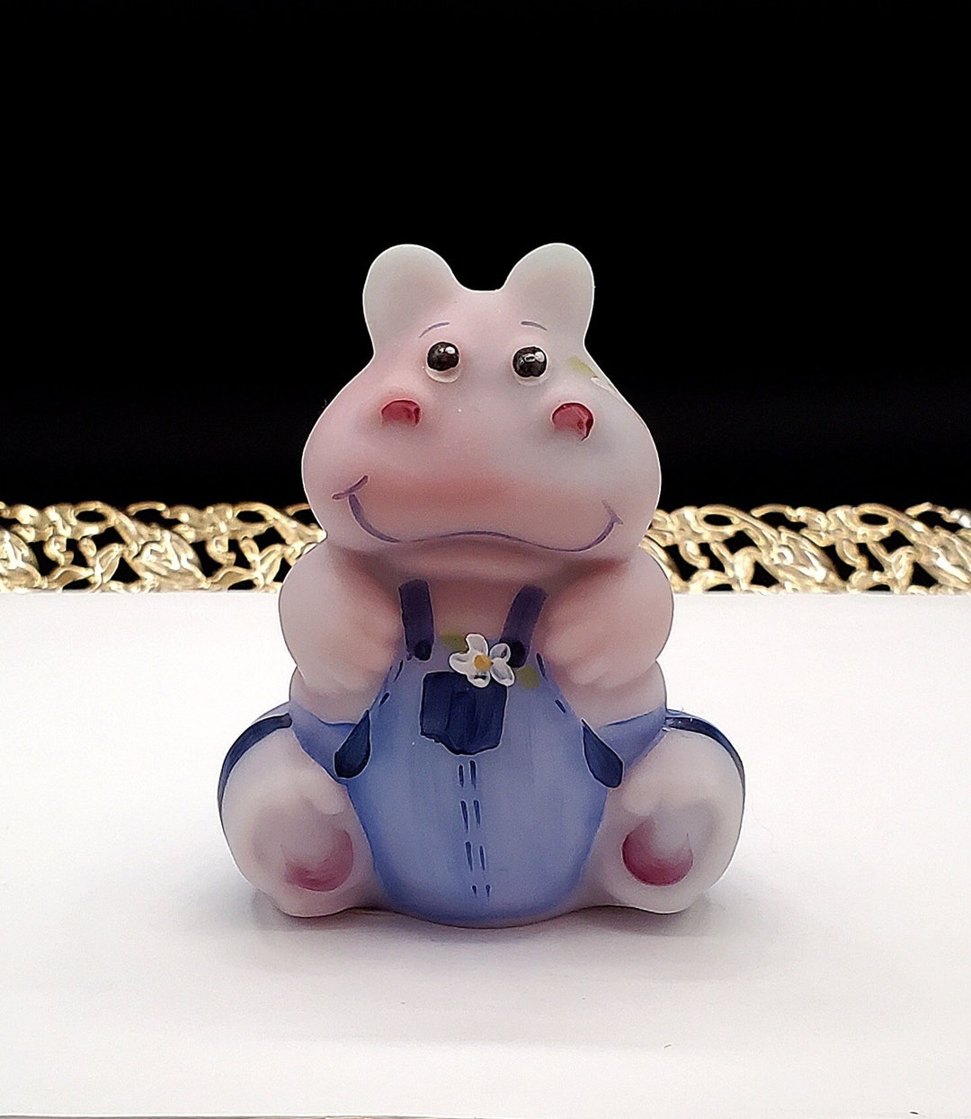 FENTON Glass Hippo Blue Burmese Happy Hippo in Overalls With Rosie ...
